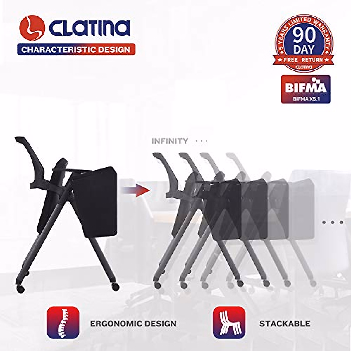 CLATINA Tablet Arm Chair with Caster Wheels Mesh Guest Nesting Stacking for Office School Classroom Training Conference Waiting Room Black