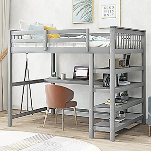 BIADNBZ Full Size Loft Bed with Desk Underneath and Storage Shelves, Wooden Versatile High LoftBed Frame for Kids Teens Adults Bedroom Dorm, Gray
