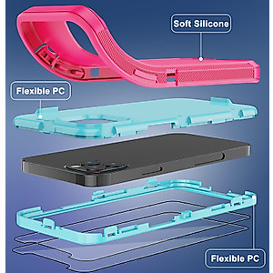 Annymall for iPhone 14 Pro Max Case with 2 Screen Protector, Heavy Duty Shockproof Drop Proof Military Rugged 3-Layer Tough Durable Protective Cover for Apple iPhone 14 Pro Max 6.7" (Pink/Blue)