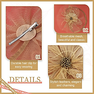 3 Pieces Fascinators Hats for Women Tea Party Hat Feathers Veil Mesh Hat Lace Gloves Pearl Choker Necklace Set for Wedding (Gold)