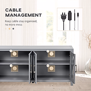 HOMCOM TV Cabinet Stand for TVs up to 58", Entertainment Center with Adjustable Shelves, 4 Glass Doors and 4 Cable Holes for Living Room, Gray