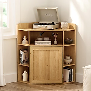 EYYTHUNG Corner Storage Cabinet with USB Ports and Outlets, Cube Toy Storage Shelf Organizer with Door, Wooden Display Cubby Bookshelf Rack for Bedroom, Living Room, Natural Oak