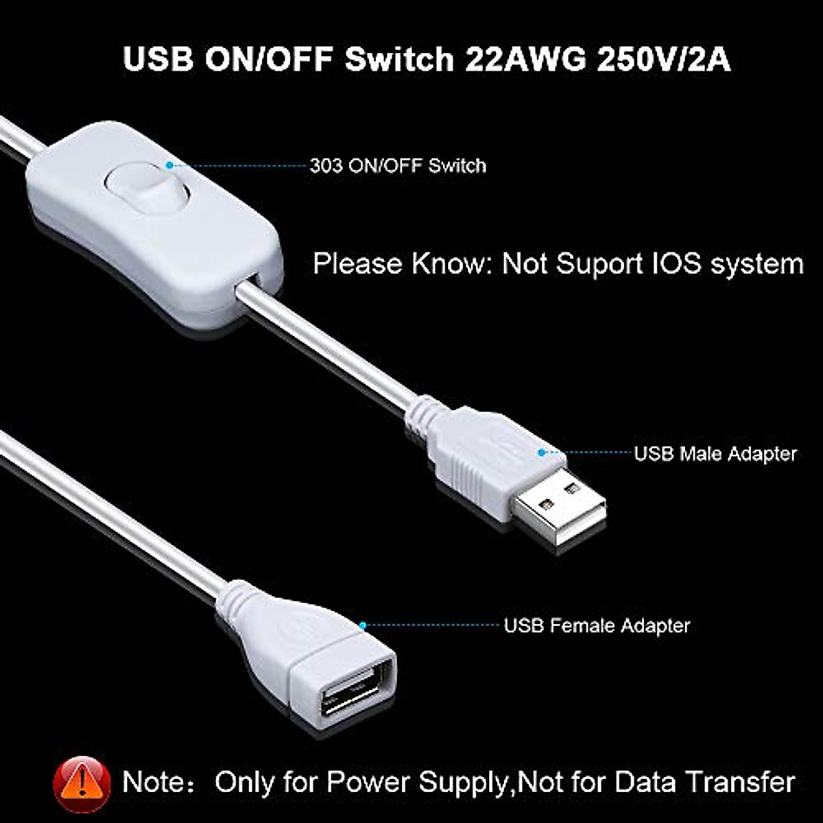 ELECTOP 2 Pack Male to Female USB Cable with On/Off Switch, USB Extension Inline Rocker Switch for Driving Recorder, LED Desk Lamp, USB Fan, LED Strip（White）