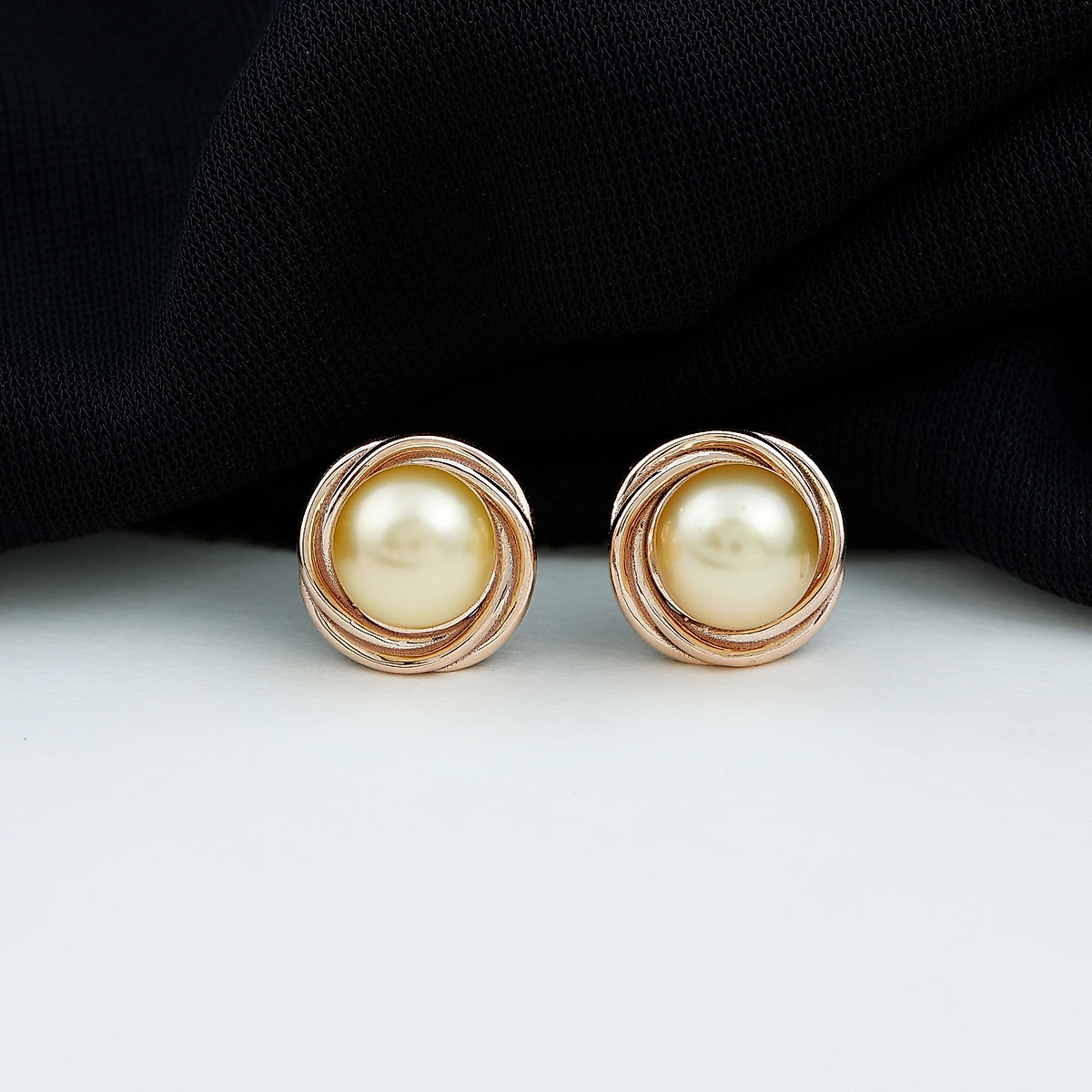 Golden South Sea Pearl Earrings, South Sea Pearl Solitaire Stud Earrings, South Sea Pearl Gold Earrings, Swirl Earrings for Women, 14K Rose Gold