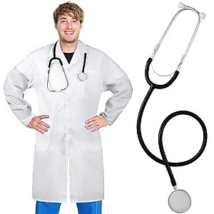 Women Men Doctor Costume Lab Coat Set Halloween White Lab Coat Scientist Coat and Dual Head Stethoscope Adults Unisex(X-Large)