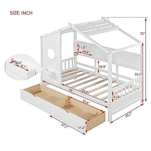 SIYSNKSI Kids House Bed with 2 Drawers and Storage Shelf, Twin Size Daybed Sofa Bed Frame with Roof and Window Design, Playhouse Design Daybed for Boys Girls Bedroom, No Box Spring Needed (White-G1)
