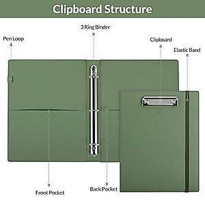 SKYDUE 3 Ring Binder with Clipboard, 1 Inch Binder, 13.2" × 10.2" PU Clipboard Binder with Notepad & 5 Dividers with 10 Pockets, Labels, Clipboard Folder Great for School Office (Fit A4/Letter Size)