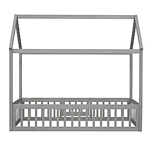 House Bed Twin Bed Frames for Kids,Wood Montessori Floor Bed with Fence and Door Design, Twin Floor Bed with Rails for Girls Boys, Grey Wash