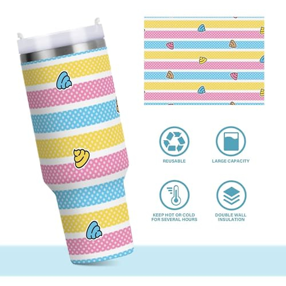 DIGTIA Stainless Steel Insulated Tumbler w/Handle & Straw, Poo Cartoon Double Wall Vacuum Travel Coffee Mug Cup w/Lid, Leak-Proof Sports Polka Dot Water Bottle,40oz