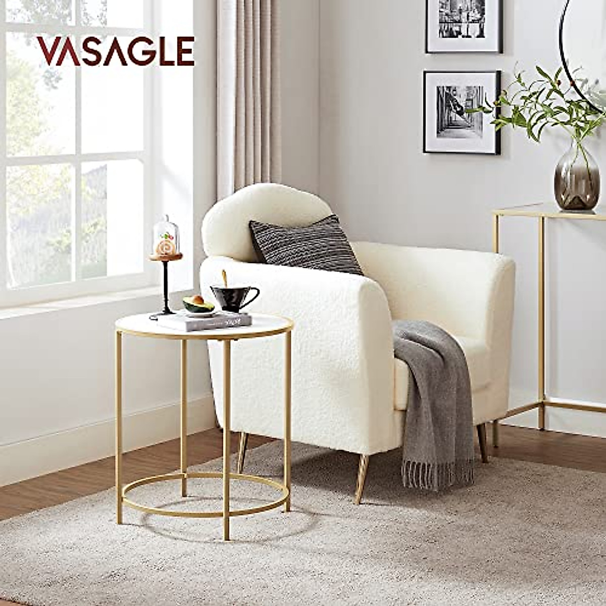 VASAGLE Round Side Table, End Table with Metal Frame, Small Coffee Accent Table, Nightstand, Bedside Table, Easy Assembly, for Living Room, Bedroom, Modern Style, Gold and White ULET282A10
