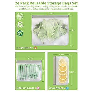 24 Reusable Food Storage Bags, Freezer Bags with Pack BPA FREE (8 Reusable Gallon Bags+8 Leakproof Reusable Sandwich Bags+8 Food Grade Snack Bags) EXTRA THICK Reusbale Lunch Bag for Salad Fruit
