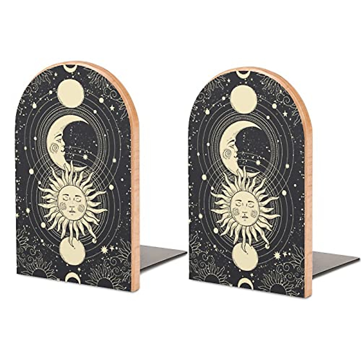 NFGSE Book Ends, Mystical Sun Face Moon Crescent Magic 2 Pcs 5 X 3 Inch Modern Home Decorative Bookends for Shelves, Fashion Design Wood Book Stopper for Heavy Books Office School Home Kitchen Planets