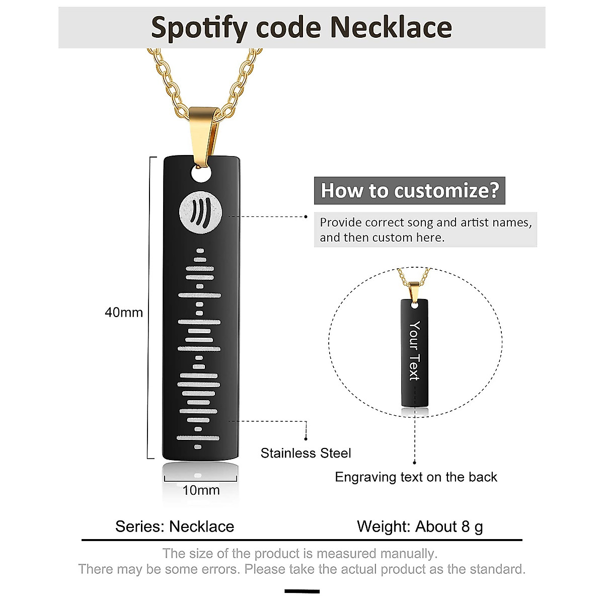 Personalized Music Spotify Scan Code Necklace Custom Bar Pendant Necklace for Women Men Engraved Name Necklace Stainless Steel Necklace Jewelry Gift(Black)