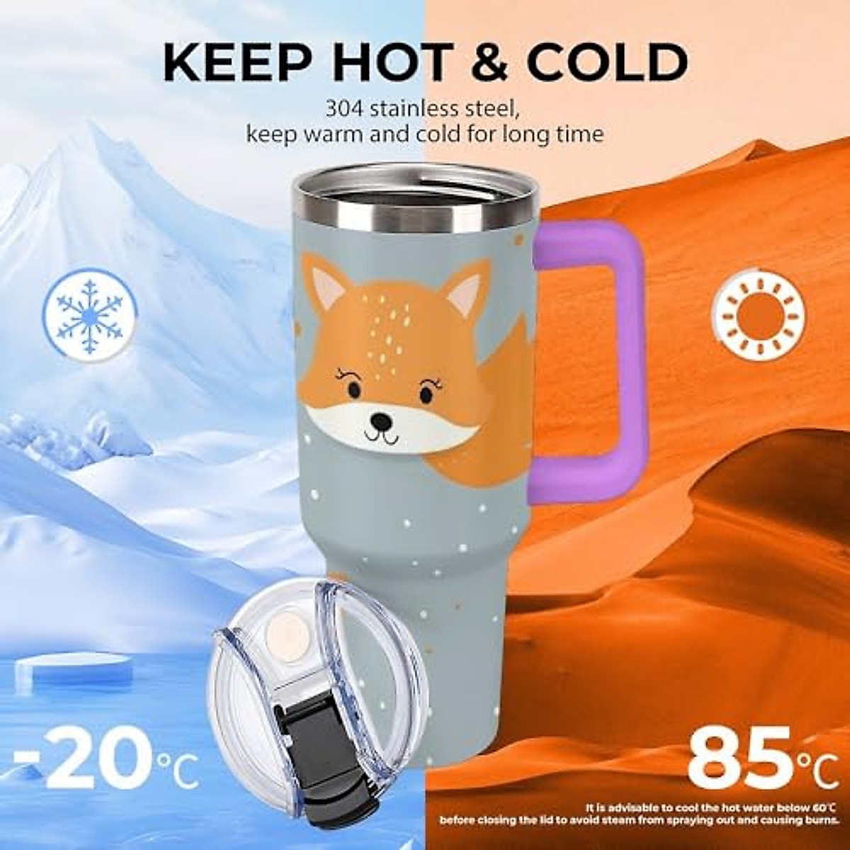 Cute Red Fox 40 Oz Car Cup Stainless Steel Travel Mug Leak-Proof Insulated Tumbler with Handle Violet-style