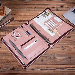 Geslun Vegan Leather Portfolio 3 Ring Binder with Clipboard, Hidden Handle, 8.5 x 11 Zippered Padfolio, Business Organizer Professional Executive Folio for Women, Pink