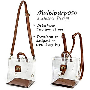 HOXIS Multifunction Clear Backpack for Stadium Approved Convertible Women Cross Body Bag (Brown)