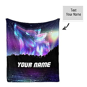 CUXWEOT Custom Throw Blanket with Your Name Text,Personalized Galaxy Wolf Fantasy Super Soft Fleece Blanket for Couch Sofa Bed (50 X 60 inches)