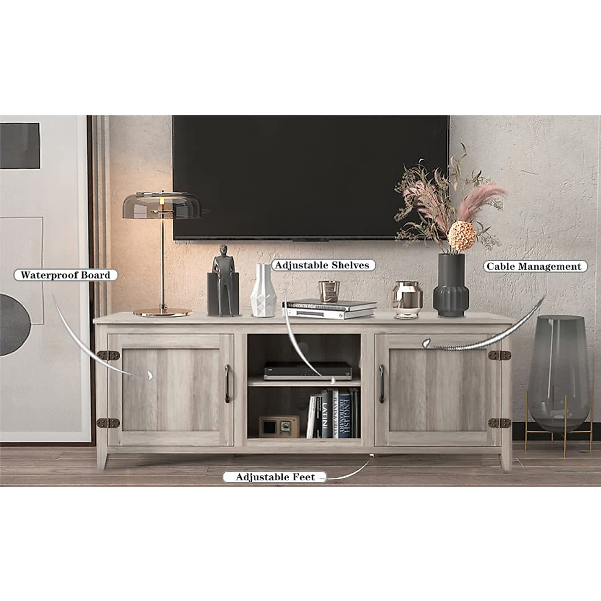 WESOME TV Stand for 50/55/60/65/70/75/80 TVs, Large Farmhouse Barn Door Wooden Media Console with Adjustable Shelves, Rustic TV Console Table Cabinet for Living Room Bedroom 70 Inch (Grey Wash)