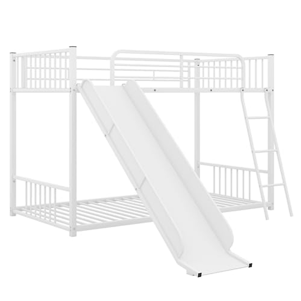 BOVZA Twin Over Twin Low Bunk Bed with Slide, Metal Bunk Bed Frame with Metal Slats Support and Guardrails for Kids Boys Girls Teens, No Box Spring Needed, White