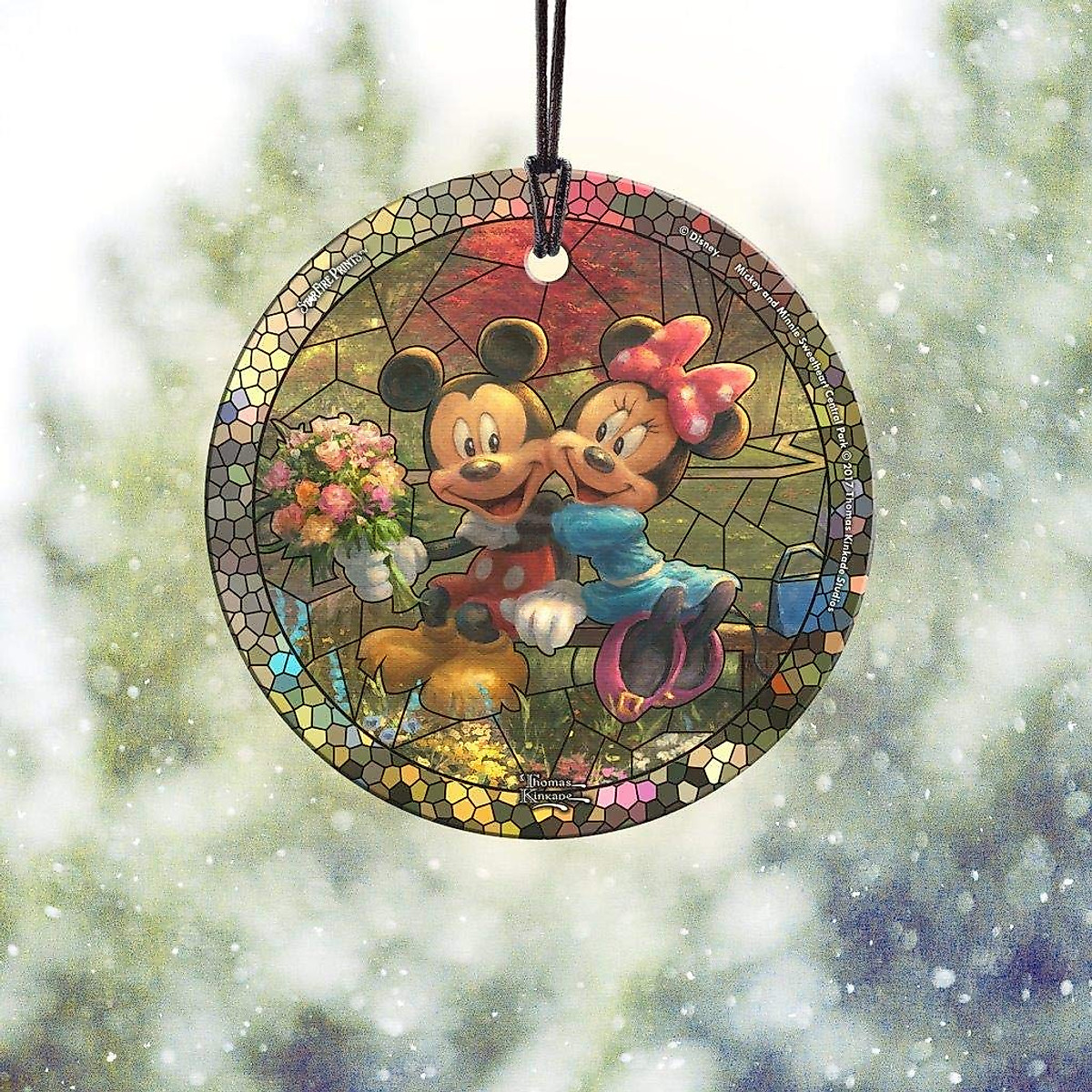 Trend Setters Disney – Mickey and Minnie – Sweetheart Central Park – Artwork by Thomas Kinkade Studios – 3.5” Starfire Prints Hanging Glass Print Accessory – Ideal for Gifting and Collecting