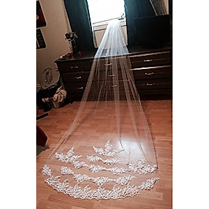 MisShow,White Lace Edge Cathedral Length Wedding Bridal Veil with Comb