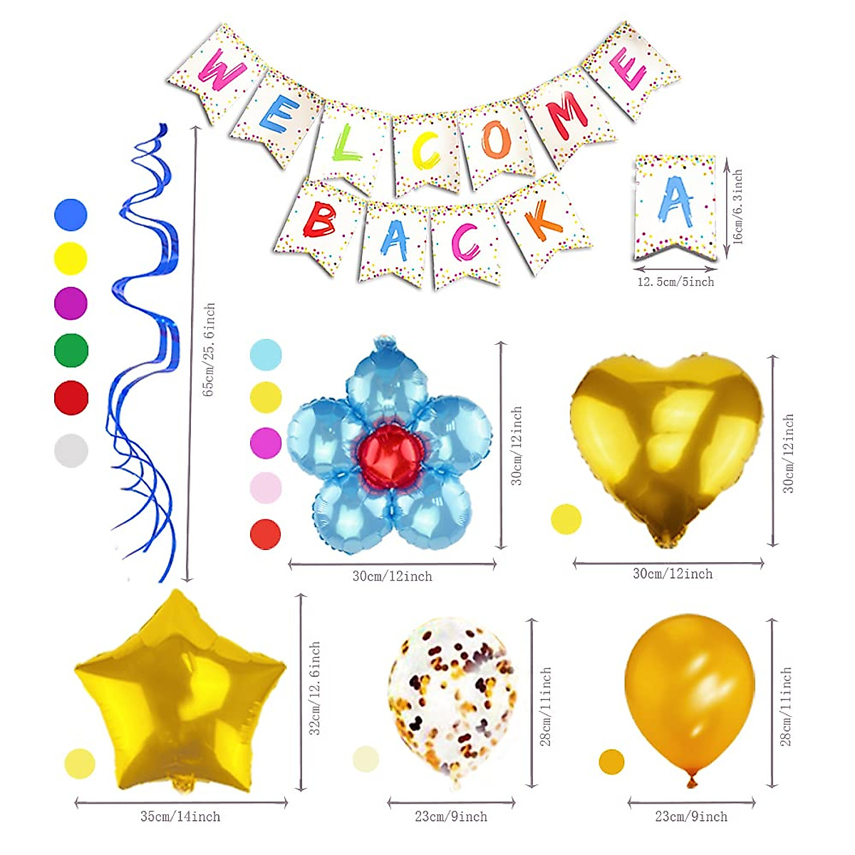 Welcome Back Sign Banner Decoration Kit Including Welcome Back Banner Flower Star Heart Shape Balloons Gold Confetti Glitter Balloons and Hanging Swirls for Home, School, Office Party Decor Supplies