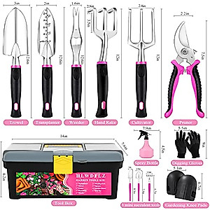 HLWDFLZ Garden Tool Set - 13 Pieces Heavy Duty Aluminum Gardening Tools, Gardening Gifts for Women, with Storage Box Pruning Shears Gardening Knee Pads Succulent Tools, Pink