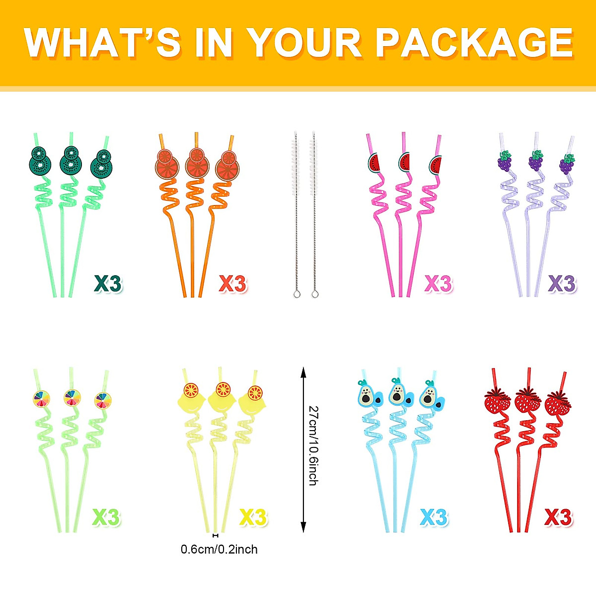 Whaline 24Pcs Fruit Theme Plastic Straws Colorful Hawaii Beach Straws Reusable Shape Drinking Straws for Juices Shakes Summer Baby Shower Pool Beach Cocktail Party Supplies with 2 Cleaning Brush