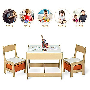 Kinlife Kids Table and Chair Set - 3 in 1 Wood Activity Table and 2 Chairs,Toddlers Arts Crafts Drawing Reading Playroom, Tabletop Storage Space Gift for Boys & Girls
