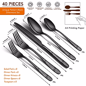 Black Silverware Set for 8, EIUBUIE 40 Piece Premium Stainless Steel Classic Black Cutlery Set, Mirror Polished Flatware Sets with Pattern Handle, Modern Kitchen Eating Utensils Set