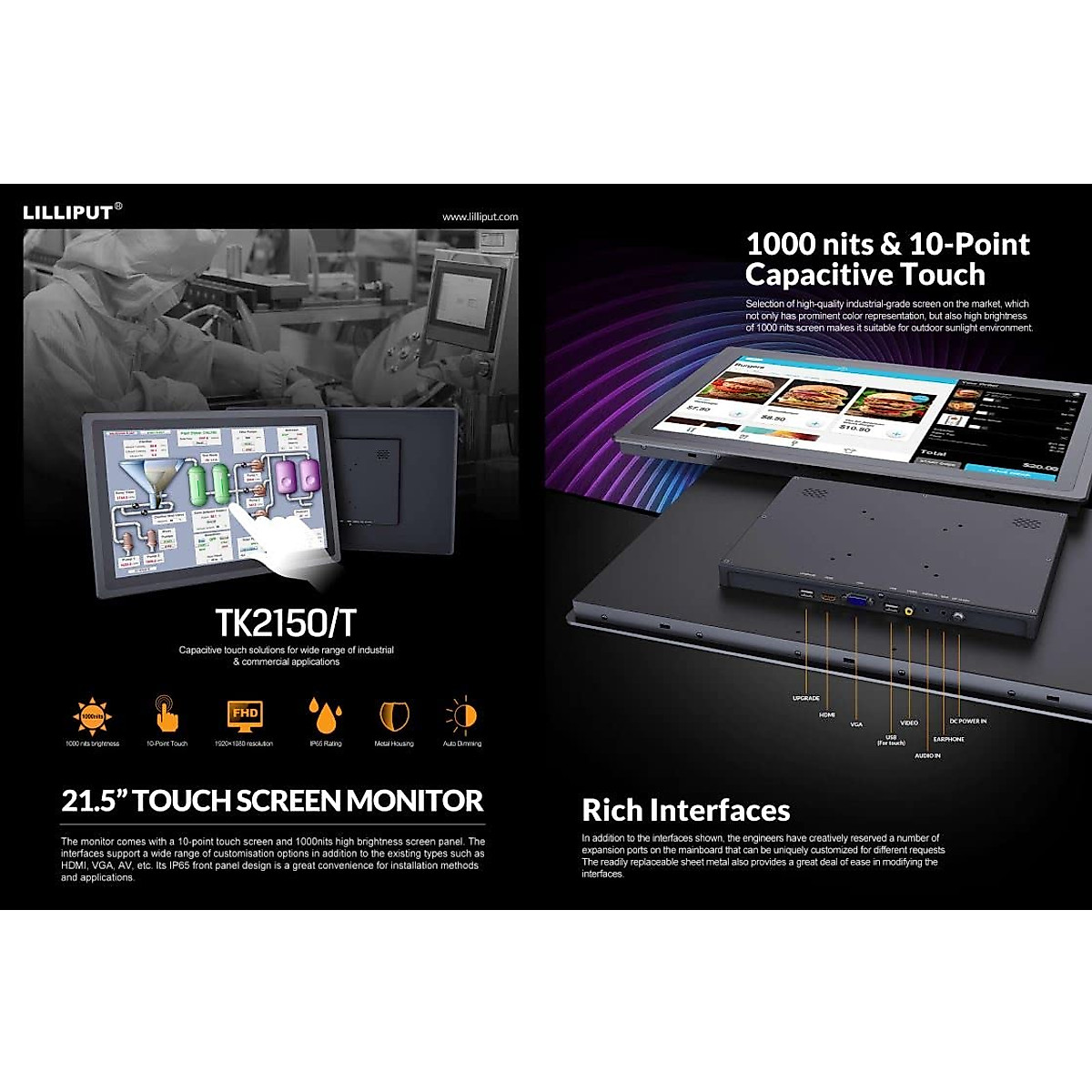 LILLIPUT 21.5" TK2150/C Metal Frame Monitor 1000 nits high Brightness with HDMI, VGA, AV, etc + Swivel Bracket VESA Mount