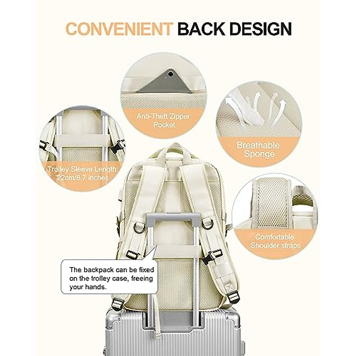 Travel Laptop Carry on Backpack for Women Men, Airline Flight Approved Waterproof 14 Inch Laptop Backpack, Casual Daypack College Personal item Bag Rucksack with USB Charging Port for Business, Beige