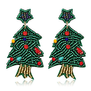 Christmas Earrings for Women Beaded Rhinestone Christmas Tree Dangle Earrings Xmas Santa Holiday Gifts for Women Red Tree