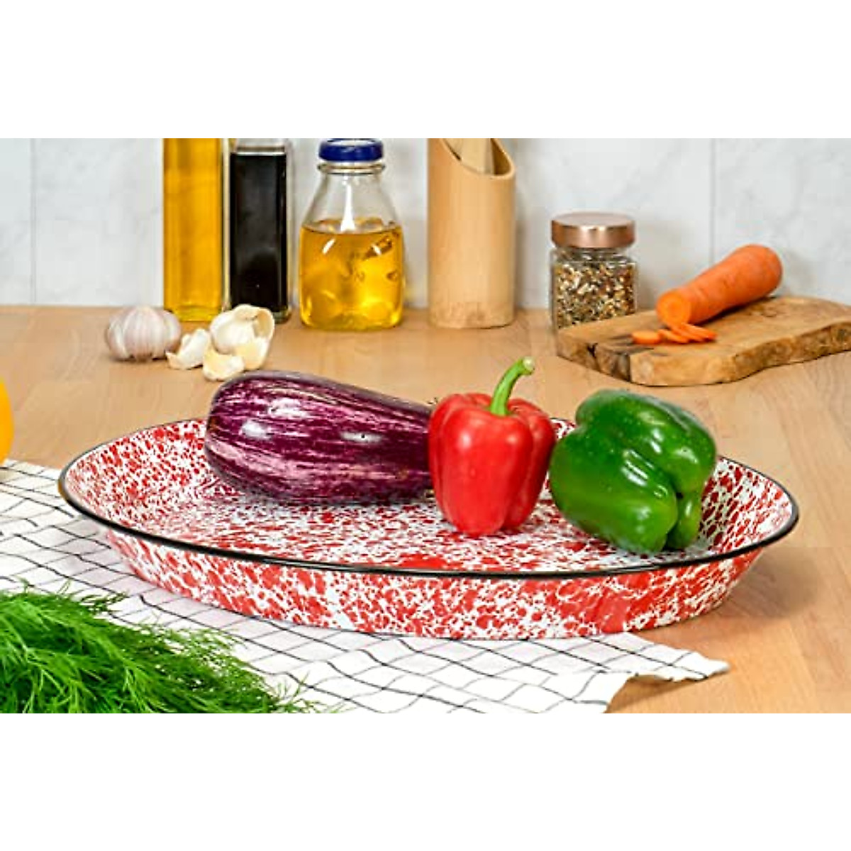 Red Co. Oven Safe Enamelware Metal Classic 16.5” Serving Oval Tray Platter, Red Marble/Black Rim – Splatter Design
