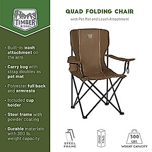 TIMBER RIDGE Collapsible Armrests Cup Holder & Carry Mat & Pet Leash Heavy Duty Foldable Chair for Outdoor Lounge Lawn Beach, Support 300 lbs, Earth Brown