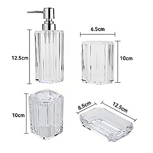 Holyfire Bathroom Accessory Set, 4-Piece Decorative Clear Acrylic Bathroom Decor Accessories Set, Soap Dispenser, Soap Dish, Toothbrush Holder, Toothbrush Cup, Clear