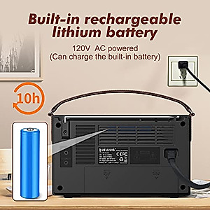 JEUJUG Radio Portable AM FM Radio Vintage/Retro, Bluetooth5.1 Speaker Built-in Rechargeable Battery, Plug in Wall or D Battery Operated Radio PU Leather Handle with Aux in/Headphone Jack
