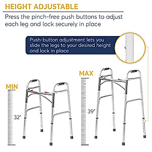 Drive Medical Deluxe 2-Button Folding Walker, Lightweight Walkers for Seniors and Adults, Medical Walker, Bariatric Walker (Up to 350 Pounds), Silver