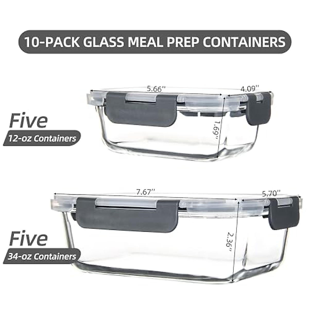 SHYRC Glass Food Storage Containers, 10 Pack Glass Meal Prep Container, Leak Proof, Glass Storage Containers with Lids, Ideal for Food Storage, Lunch, On-the-Go, Leftover - Grey