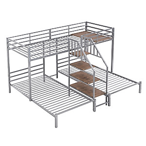 Bellemave Triple Bunk Bed with Storage Stairs Twin Over Two Twin Bunk Beds Metal Bunk Bed for 3 Kids with Storage Shelf for Three Boys Girls Teens, Silver