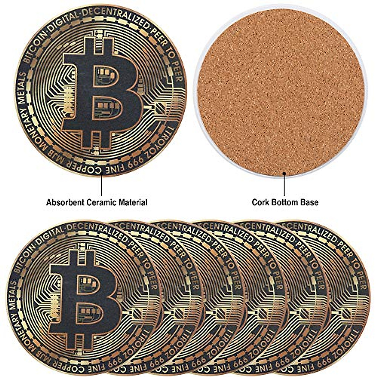 Bridgemore Physical Bitcoin Coasters for Drinks - Set of 6 Ceramic Bitcoin Coin Coasters for Drinks Absorbent with Holder - Great Bitcoin Gift Idea or House Warming Presents for New Home