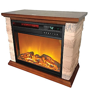 Lifesmart 3-Quartz 5,118 BTU Small Infrared Faux Stone Fireplace with Charred Log Insert and Realistic Flame, Fireplace Heater with Remote Control, 3 Settings, Overheat & Tip-Over Safety Switch