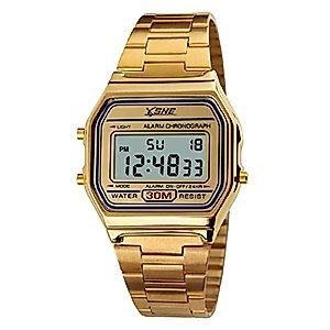 Digital Sports Watch Men's Women Water Resistant Outdoor Stainless Steel Band Electronic Square LED Back Light Wristwatch Gold 1123