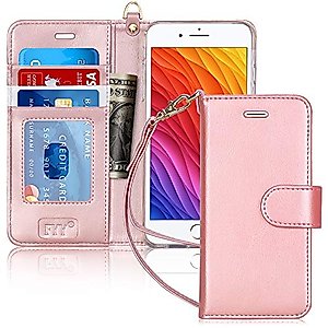 FYY for iPhone 8 Plus Case/iPhone 7 Plus Case, PU Leather Flip Wallet Phone Case with Card Holder Wrist Strap Kickstand Protective Cover for iPhone 7 Plus/8 Plus 5.5" Rose Gold