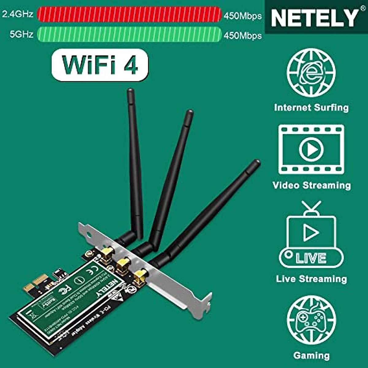 NETELY Wireless Dual Band 900Mbps PCI Express (PCIE) WiFi Adapter for Windows 7, 8.x, 10, 11 32/64bit and Linux Desktop PCs, PCIE WiFi Card, Qualcomm Atheros AR938X Wireless Network Adapter (NET-N900)