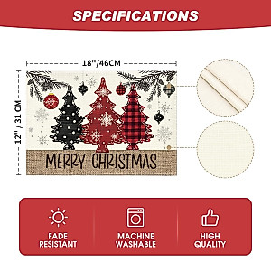 Artoid Mode Red Pine Trees Balls Merry Christmas Placemats Set of 4, 12x18 Inch Winter Xmas Table Mats for Party Kitchen Dining Decoration
