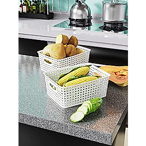 Woven Plastic Storage Baskets, 6 Pack White Weave Bins Organizer, 10.1" x 7.55" x 4.1"