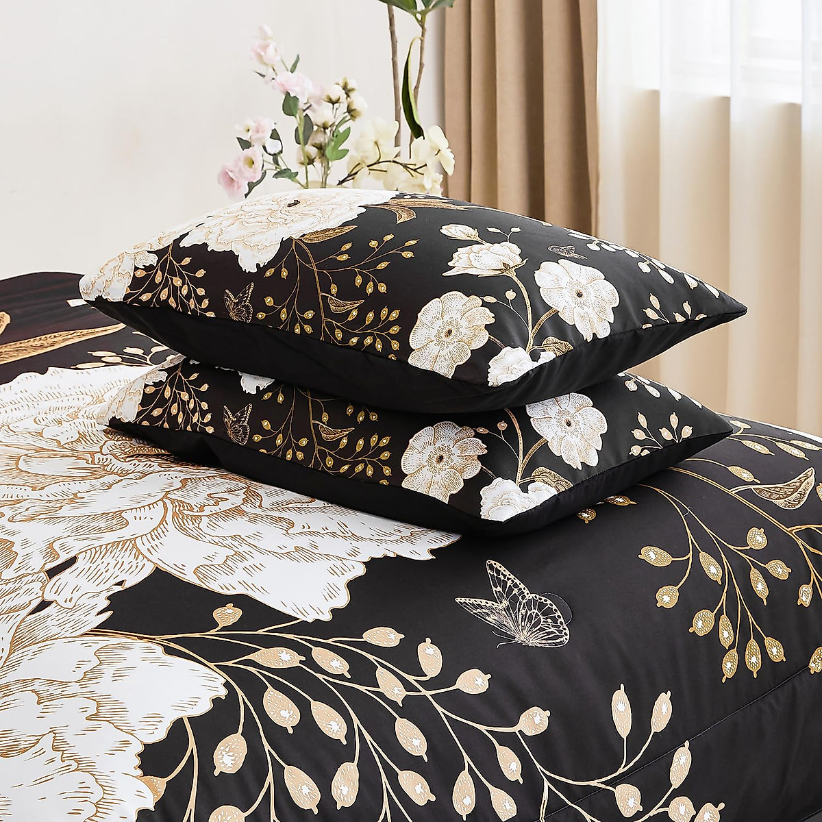 PERFEMET Floral Comforter Set King, White Botanical Flower and Gold Leaves Pattern Printed on Black Design, Soft Reversible Garden Style Butterfly Print Bedding Set for Men Women (Black, King)