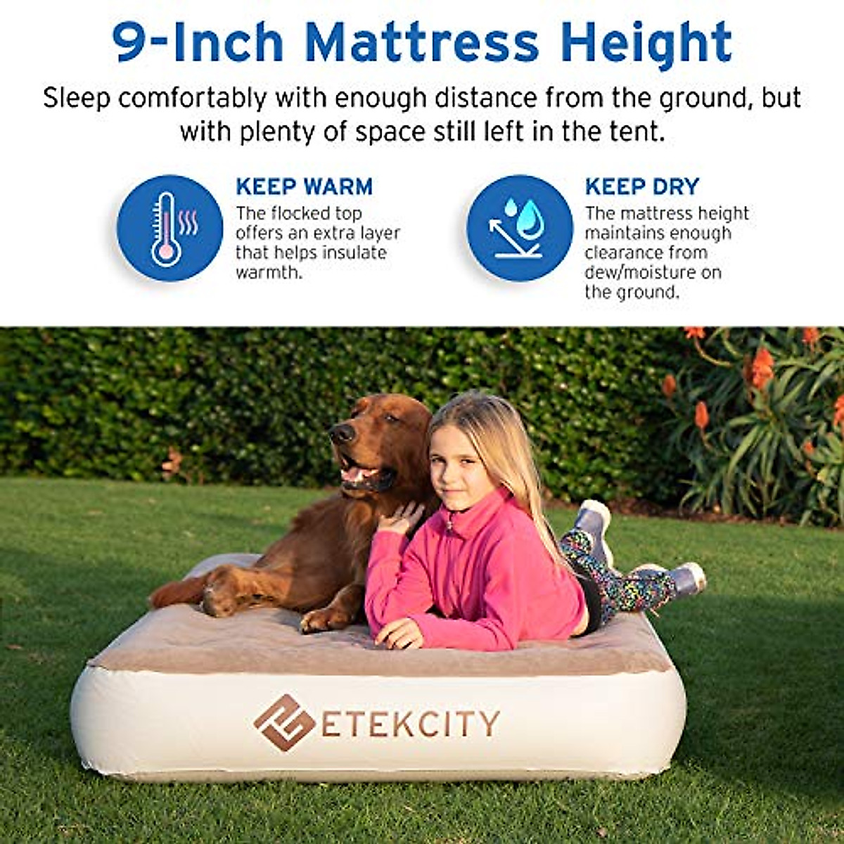 Etekcity Upgraded Camping Air Mattress, Queen Twin Airbed Height 9", Inflatable Bed Blow Up Mattress Raised Airbed with Rechargeable Pump, 2-Year Warranty, Storage Bag,Brown