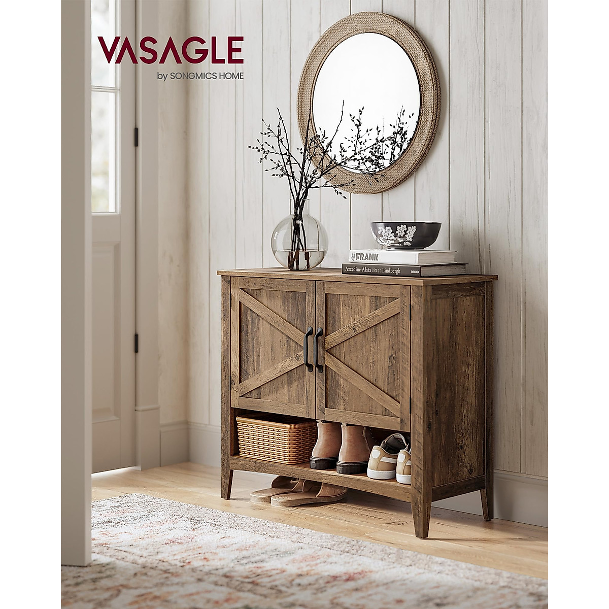 VASAGLE Shoe Cabinet, 3-Tier Shoe Storage Organizer, Shoe Shelf, Traditional American, Freestanding Cabinet with Height-Adjustable Shelf, 13.8 x 31.5 x 27.6 Inches, Entryway, Honey Brown ULBC038B01